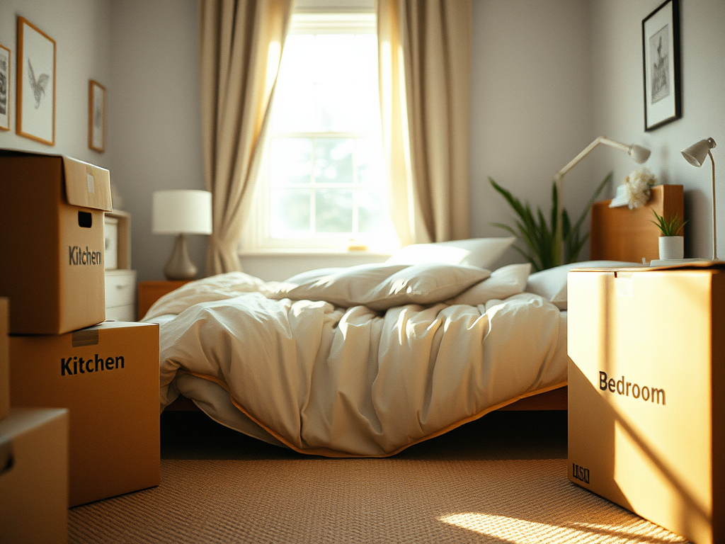 boxes-labeled-kitchen-and-bedroom-or-a-cozy-made-up-bed | the Front ...